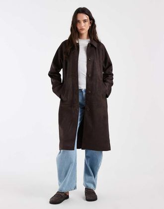 Only manteau mac en faux su&egrave;de marron chocolat