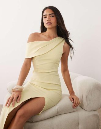 Vesper Drapiertes, schulterfreies Maxikleid aus Bengaline in Zitronengelb
