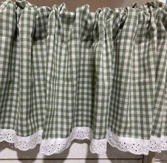 A.Monamour Gardine Scheibengardinen Kurzstores Baumwolle Bauernhaus Rustikal Wei&szlig; Gr&uuml;n Kariert Wei&szlig; Spitze Kurzvorhang Kurzgardinen K&uuml;chengardine Volants K&uuml;che F