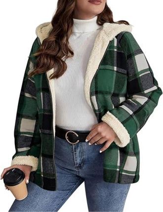 Generic Veste polaire &agrave; fermeture &eacute;clair pour femme - Veste &agrave; capuche en polaire &agrave; carreaux avec poche | Veste dhiver tendance ample pour les vacances, Vert, 