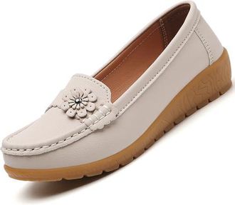 Generic Chaussures en cuir confortables &agrave; semelle souple pour femme, mocassins de conduite d&eacute;contract&eacute;s, chaussures bateau plates &agrave; enfiler, beige, 40.5 EU