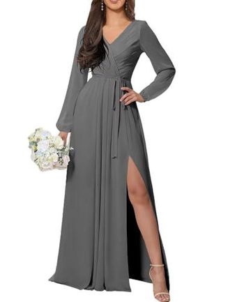 Generic Robe de demoiselle dhonneur à manches longues avec fente plissée en mousseline de soie pour femme, gris, 48 Grande taille
