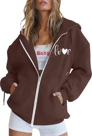 Generic Vestes &agrave; capuche et sweatshirts &agrave; capuche tendance pour femme 2026 - Imprim&eacute; &eacute;l&eacute;gant - Fermeture &eacute;clair - Manches longues - Cordon de serrage - Polair