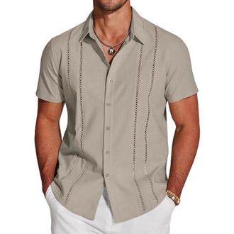 Generic Chemise pour homme Cuba Guayabera exquise brod&eacute;e boutonn&eacute;e sur le devant, chemise d&eacute;contract&eacute;e d&eacute;t&eacute; pour la plage, le camping, gris clair, 3XL
