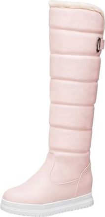 Rismart Femme Hauteur Genoux Bottes Compens&eacute;es Cuir PU Fermeture Eclair Lat&eacute;rale Botte de Neige avec Fourrure Epaisse Rose,38