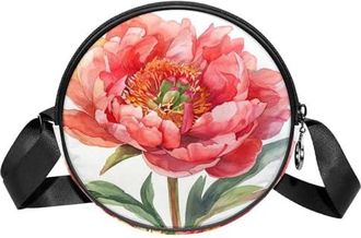 Generic Sac &agrave; bandouli&egrave;re rond pour femme, motif pivoine, petit sac &agrave; bandouli&egrave;re avec fermeture &eacute;clair, bretelles r&eacute;glables, sac &agrave; main rond d&eacute;contract&eacute; pour