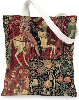 Generic Sac fourre-tout m&eacute;di&eacute;val en toile, motif floral vintage artistique, sacs de courses r&eacute;utilisables, l&eacute;gers et lavables avec bandouli&egrave;re, multicolore, 1