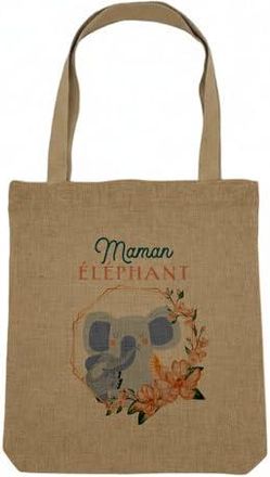 Fabulous Sac Shopping Tote Bag Aspect Lin - Maman &eacute;l&eacute;phant et son B&eacute;b&eacute; Dessin Illustration - Sac de Courses Toile Epaisse 360g Beige Naturel Cabas Port&eacute; Epaule
