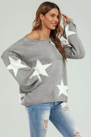 FS Collection Strickpullover Oversize Pullover mit weiten &Auml;rmeln und Stern - Strickwaren (Einheitsgr&ouml;&szlig;e: UK 8-12 / EU 36-40, 5 Farben : Grau, Schwarz, Creme, Rot, D