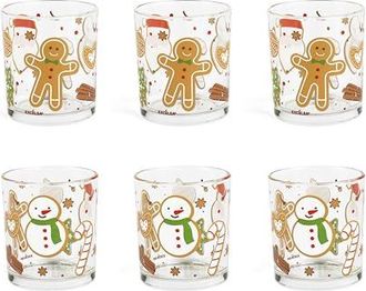 Excelsa Wonderful Ginger Lot de 6 verres &agrave; eau, verre d&eacute;cor&eacute; de No&euml;l, bonhomme de neige et biscuit gingembre, 250 ml, 7,5 x 8,5 cm