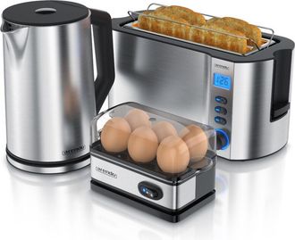 Arendo Fr&uuml;hst&uuml;cksset 3-teilig, Wasserkocher 1,5 Liter, 4-Scheiben Langschlitz Toaster manha, 6er Eierkocher, Silber - Arendo