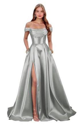 Generic Robes de bal en satin avec fente sans bretelles, corset trapèze, robes de bal à épaules dénudées, longues robes de soirée formelles avec poches, Argen