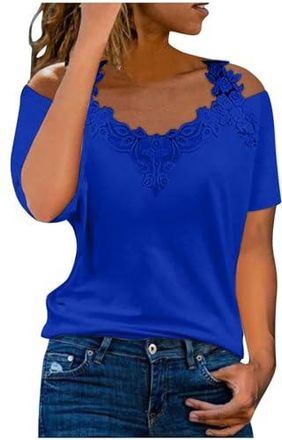 Generic Haut Femme Dentelle, Tee Shirt Blanc Épaules Dénudées-Top Sexy Manche Courte Couleur Unie Épissage Chemisiers Chic Et Elegant Basique Blouses Casual C