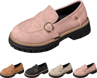 Generic Chaussures à enfiler confortables style britannique rétro pour femme, mocassins à plateforme en daim à bout rond, rose, 38.5 EU