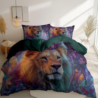 Generic 135 x 200 cm Bettw&auml;sche-Set Fantasy Tiere L&ouml;we Pflanzen Motiv, Gr&uuml;n Weiche Mikrofaser Bettbezug f&uuml;r Kinder Jungen M&auml;dchen und Frauen, Bettbezug mit Re