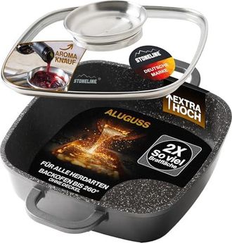 STONELINE Po&ecirc;le &agrave; Servir carr&eacute;e 20x20 cm, avec Couvercle Aromatique, Compatible &agrave; lInduction et au Four, Rev&ecirc;tement Antiadh&eacute;sif avec de vraies particules de pie