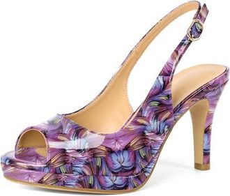 EDEFS Escarpins Femme à Bout Ouvert Plateforme Slingback Talon Aiguille 9 cm Idéals pour Mariage Soirée & Tenue Toutes Occasions Décontractée Violet Floral 