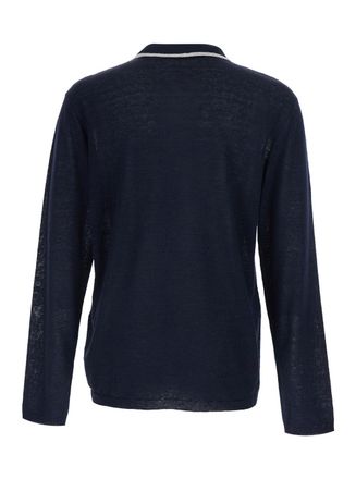 Giorgio Armani Mens Sweater With Contrasting Collar, Blue Linen-Silk Tops Top