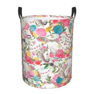 Generic Aquarell Horse Blume Aufbewahrungskorb Rund W&auml;schesammler Wasserdichter W&auml;schetonne F&uuml;r Badezimmer Decken Kuscheltier