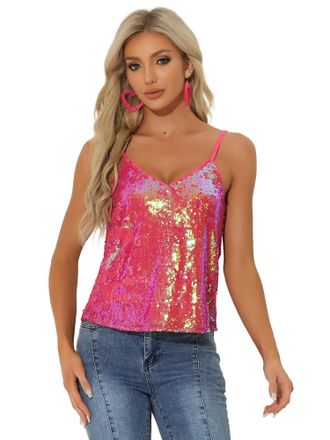 Allegra K Damen Festliches Oberteil Glitzer Top Spaghetti Party Club Camisole Pailletten Shirt Rosa Gr&uuml;n XL