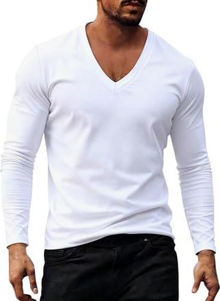 Generic T-shirt de base pour homme - Couleur unie - Haut d&eacute;t&eacute; &agrave; manches longues - Col en V - Grande taille - V&ecirc;tements doux respirants - Costume de sport pour