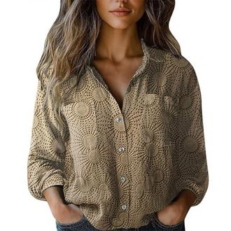 Generic HUIFUAO Chemise Femme Lin Coton Manche Longue Shirt Grande Taille Chemise et Blouses Chic et &eacute;l&eacute;gant Haut Basique Imprim&eacute; Tunique Tops avec Poche (A05