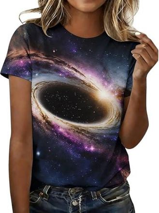 Generic Galaxy T-shirt pour femme - Imprim&eacute; galaxie 3D - Chemisier ciel &eacute;toil&eacute; - Plan&egrave;tes - Costume univers, hauts de festival, tenue &agrave; manches courtes - Col 