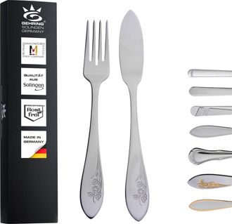 Gehring Gehring Solingen Fischbesteck Set Flower I Besteck Set 12-teilig I Edelstahlbesteck I Besteckset 6 Personen I sp&uuml;lmaschinengeeignet I Fischmesser I Fi