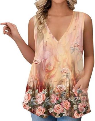 Generic Debardeur Femme Chic et &eacute;l&eacute;gant Chemisier sans Manche Imprim&eacute; D&eacute;bardeur Col V Top Ete Haut Chic et Elegant Fluide Ample Caraco Vetement Femme Ete Tee 