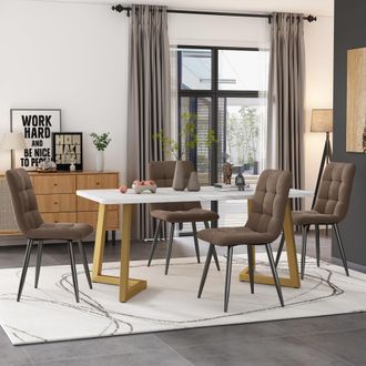 Suky Brand Essgruppe, Set, 117 &times; 68cm Esstisch mit 4 St&uuml;hlen, Rechteckiger Esstisch Moderner K&uuml;chentisch Set, Esszimmerstuhl Braun Samt K&uuml;chenstuhl, Golden Tisch