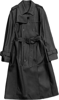 Generic Manteau en cuir pour femme - Double boutonnage ceinture revers mode v&eacute;ritable peau de mouton mince Trench Coat, Noir, L