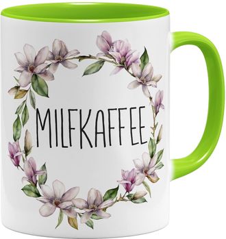 OM3 witzige Milfkaffee Milf Kaffee-Tasse mit Spruch - blumig Bl&uuml;mchen - Keramik Becher - 325ml - Beidseitig Bedruckt - Hellgr&uuml;n