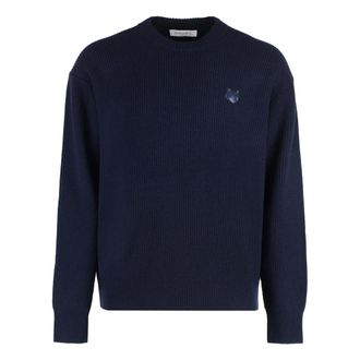 Maison Kitsun&eacute; Homme, Pulls, Bleu, Taille: M Pull Ras du Cou avec Patch Renard &agrave; lAvant