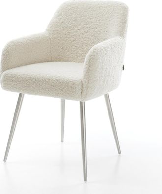 DELIFE Esszimmerstuhl Greg-Flex Teddystoff Beige 4-Fu&szlig; konisch Edelstahl Taschenfederkern, Esszimmerst&uuml;hle