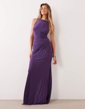 Asos robe longue pr&egrave;s du corps &agrave; taille fronc&eacute;e violette