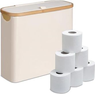 Relaxdays Toilettenpapier Aufbewahrung, 12 Rollen, HxBxT: 38 x 43 x 17 cm, Stoff, Bambus, Klopapier Korb, Vorrat, beige