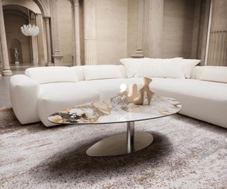DELIFE Couchtisch Edge Organisch 140x76 cm Keramik Patagonia Poliert Vibany Edelstahl geb&uuml;rstet, Couchtische