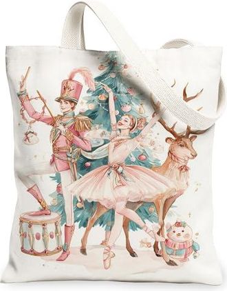 Generic Sac fourre-tout en toile motif ballet de No&euml;l, motif casse-noisette et renne, sac d&eacute;picerie vintage, l&eacute;ger, lavable, blanc, 13x15 Inch