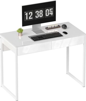 HOMCOM Schreibtisch mit 2 Schubladen, Computertisch 100 x 50 cm, moderner Schreibtisch mit Stahlfu&szlig;, Arbeitsplatz f&uuml;r Schlafzimmer, kleine R&auml;ume, wei&szlig; gl&auml;nze