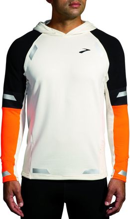 Brooks Herren Run Visible Notch Thermal Hoodie 2.0, Ecru/Fluoro Flash/Schwarz, X-Large