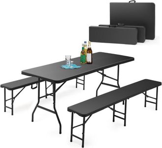 Sekey Ensemble de tente &agrave; bi&egrave;re pliable en plastique Table + 2 bancs avec poign&eacute;es de transport Salon de jardin Chapiteau de 180 cm Table &agrave; bi&egrave;re pour le