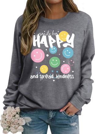 Dresswel Damen Sweatshirt Smile Brief Drucken Pullover Lustiges L&auml;chelndes Rundhals Langarmshirt Baumwolle Pulli Herbst Winter Casual Oberteile Langarm Tops(2-