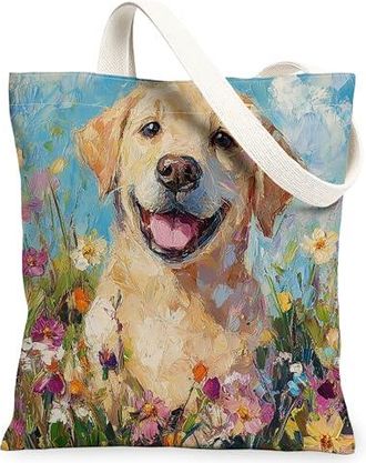 Generic Sac fourre-tout en toile r&eacute;utilisable pour le shopping, motif labrador retriever, 33 x 38 cm, peinture &agrave; lhuile, chiot et fleurs sauvages, sac d&eacute;picer