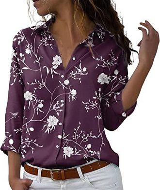 Generic Haut tendance &agrave; manches longues pour femme, chemise &agrave; revers simple boutonnage, chemises surdimensionn&eacute;es, violet, XXL