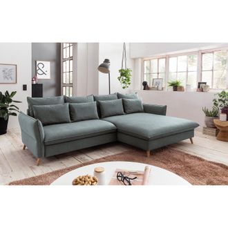 Fredriks home24 Ecksofa Sketty Grau/Grau Microfaser 274 x 88 x 170cm Longchair davorstehend rechts Bettkasten/Schlaffunktion Modern