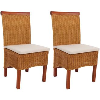 Hhg jamais utilis&eacute;] Lot de 2 chaises M42 salle &agrave; manger, rotin/bois, 46x50x96cm, avec coussins