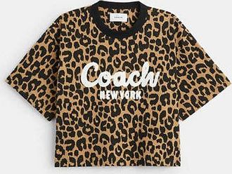 Coach Leopard-Cursive-Signature Kurz geschnittenes T-Shirt f&uuml;r Frauen in Braun, Gr&ouml;&szlig;e X-Klein | Baumwolle