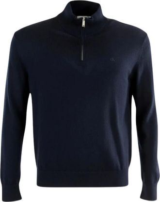 Calvin Klein Merino-Wollpullover mit Viertelrei&szlig;verschluss - - Knitwear - Herren - Blau - M
