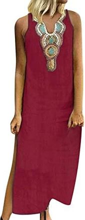 Generic Robe d&eacute;t&eacute; longue en lin pour femme - Robe d&eacute;t&eacute; longue boh&egrave;me - Robe de plage longue sexy - Robe d&eacute;t&eacute; en coton et lin - Robe midi - Robe d&eacute;t&eacute; longue - 