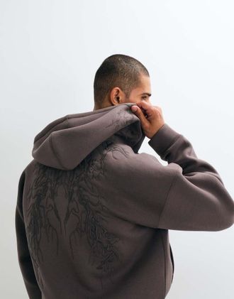 Weekday sweat &agrave; capuche zipp&eacute; en tissu scuba avec broderie au dos en dark mole-Gris